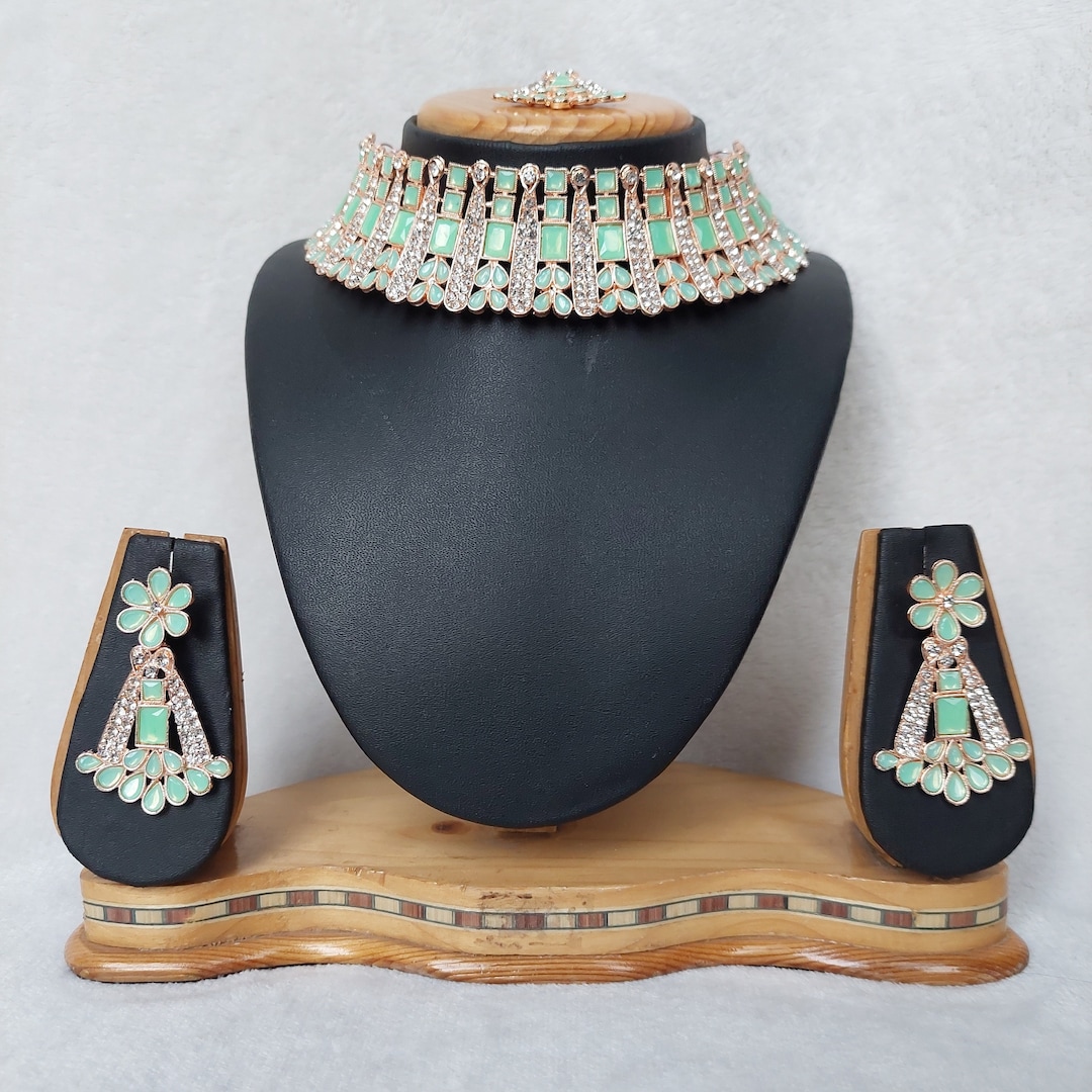 Antique Traditional Choker Necklace Set in Mint and Rose Gold Finish ...