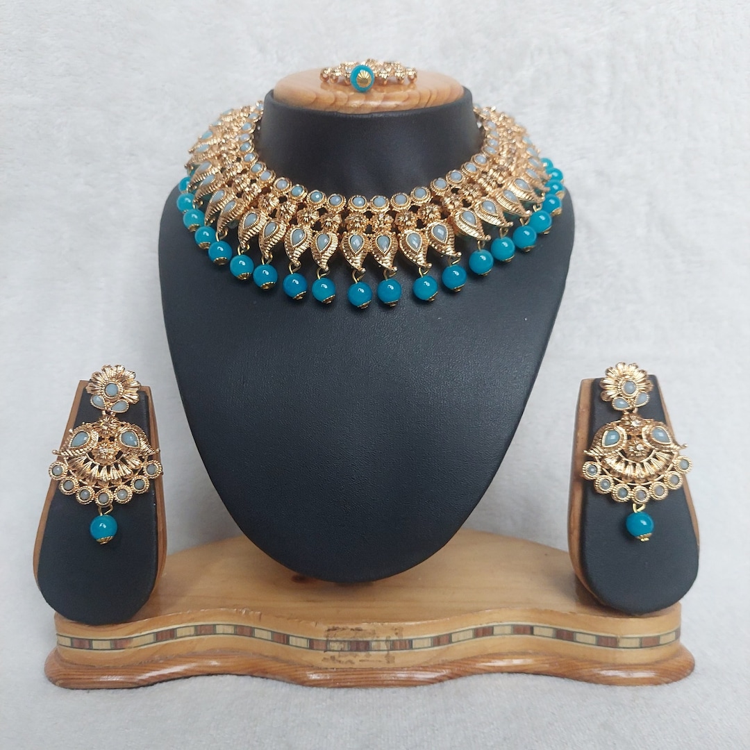 Antique Traditional Gold Plated Necklace Set in Firoza Color / Indian ...