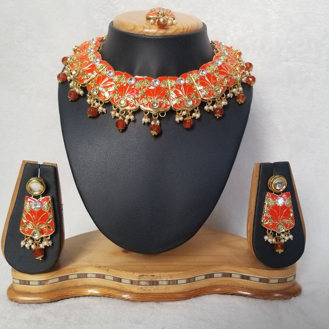 Traditional Meenakari/minakari Necklace Set in Gold Finish Orange Color ...
