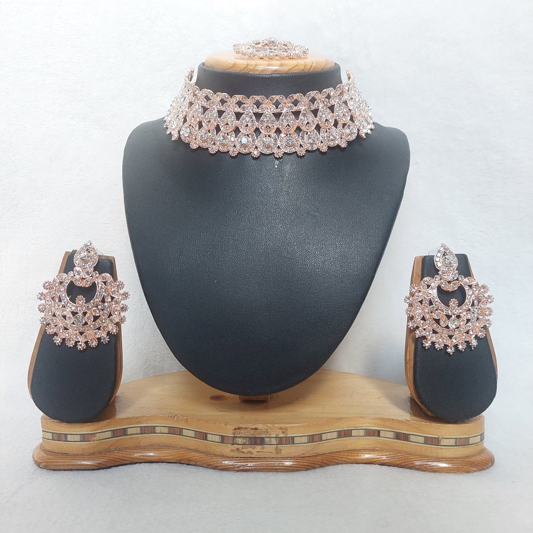 Stone Choker Necklace Set in White and Rose Gold Finish / - Etsy