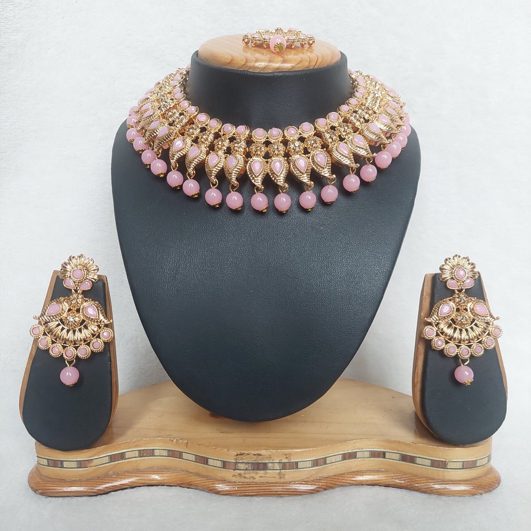 Antique Traditional Gold Plated Necklace Set in Pink Color / Indian ...