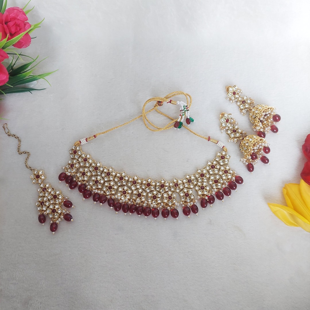 Kundan Choker Necklace Set in Maroon Color and Gold Finish / Indian ...