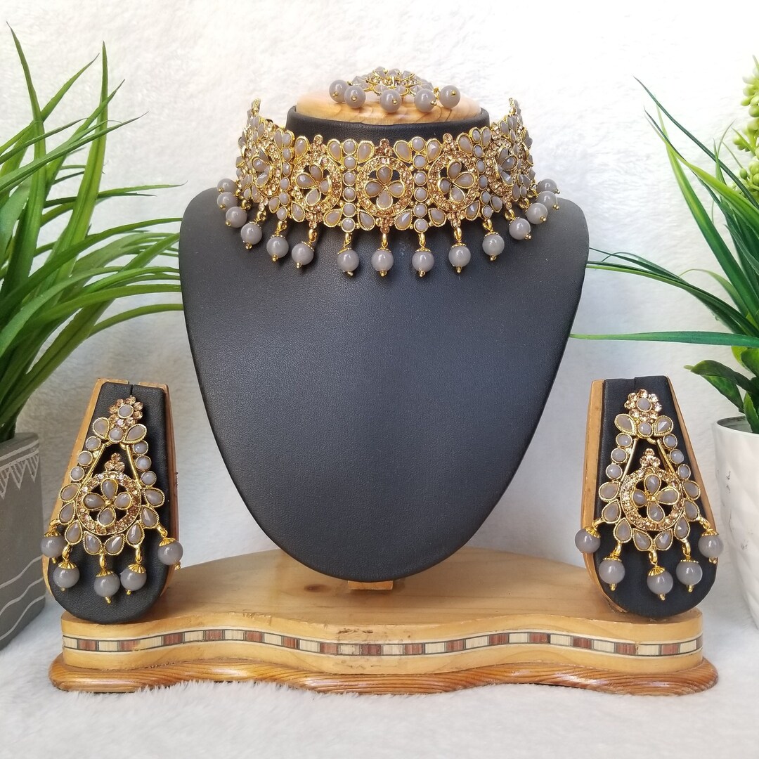 Antique Traditional Choker Necklace Set in Grey Color / Indian Jewelry ...