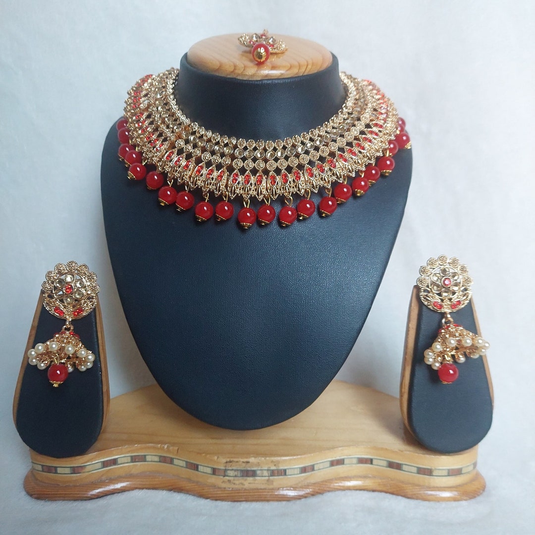 Antique / Traditional Gold Plated Necklace Set in Red Color / Indian ...