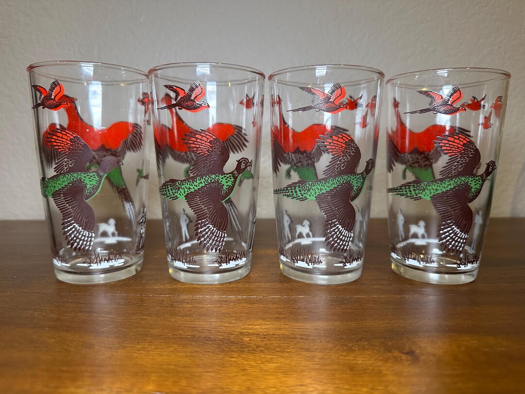 Hazel Atlas Vintage Pheasant Hunting Glasses, Set of 4, MCM Drinkware ...