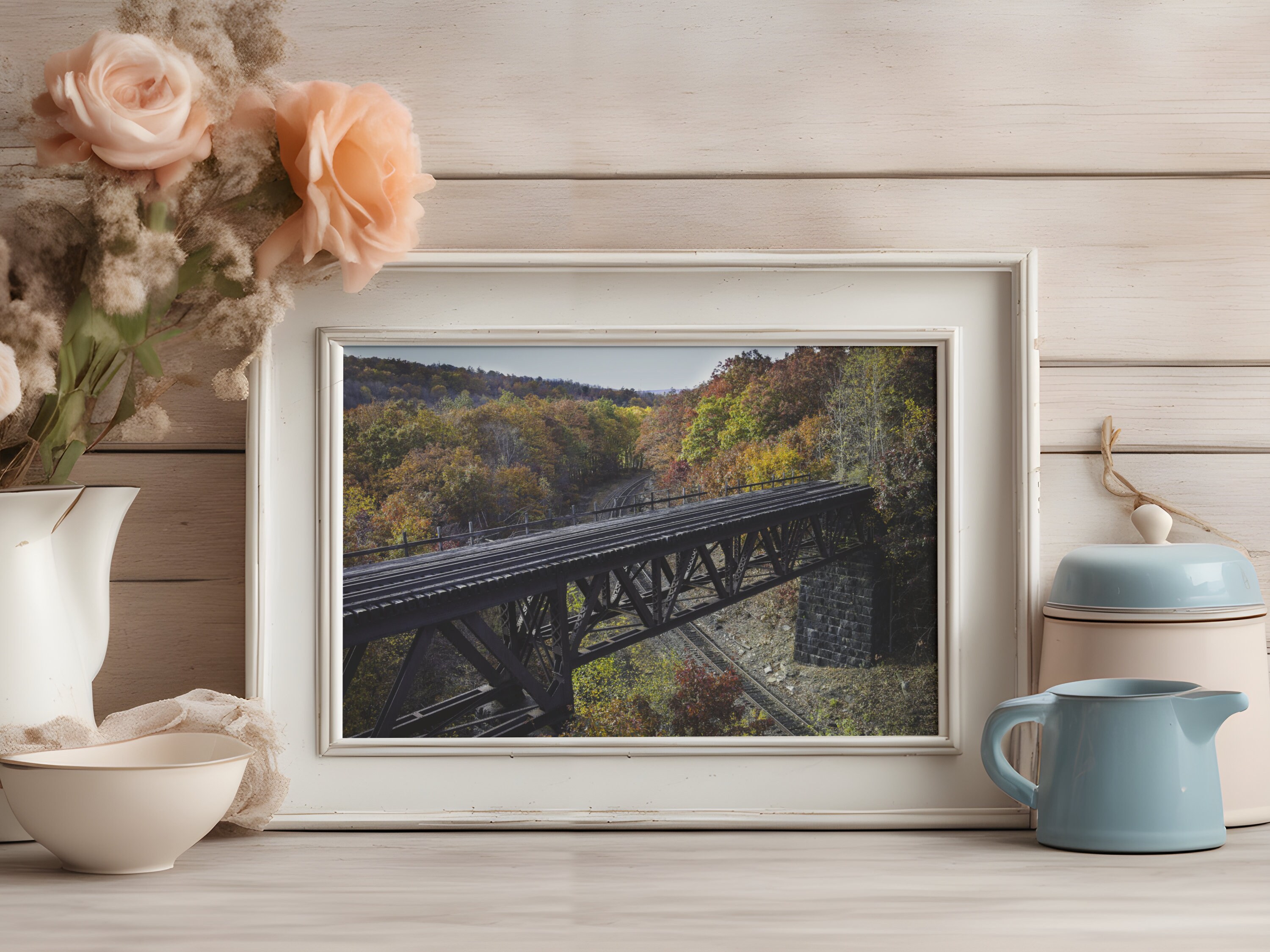 Abandoned Train Trestle in Vibrant Autumn Foliage - Captivating Wall ...
