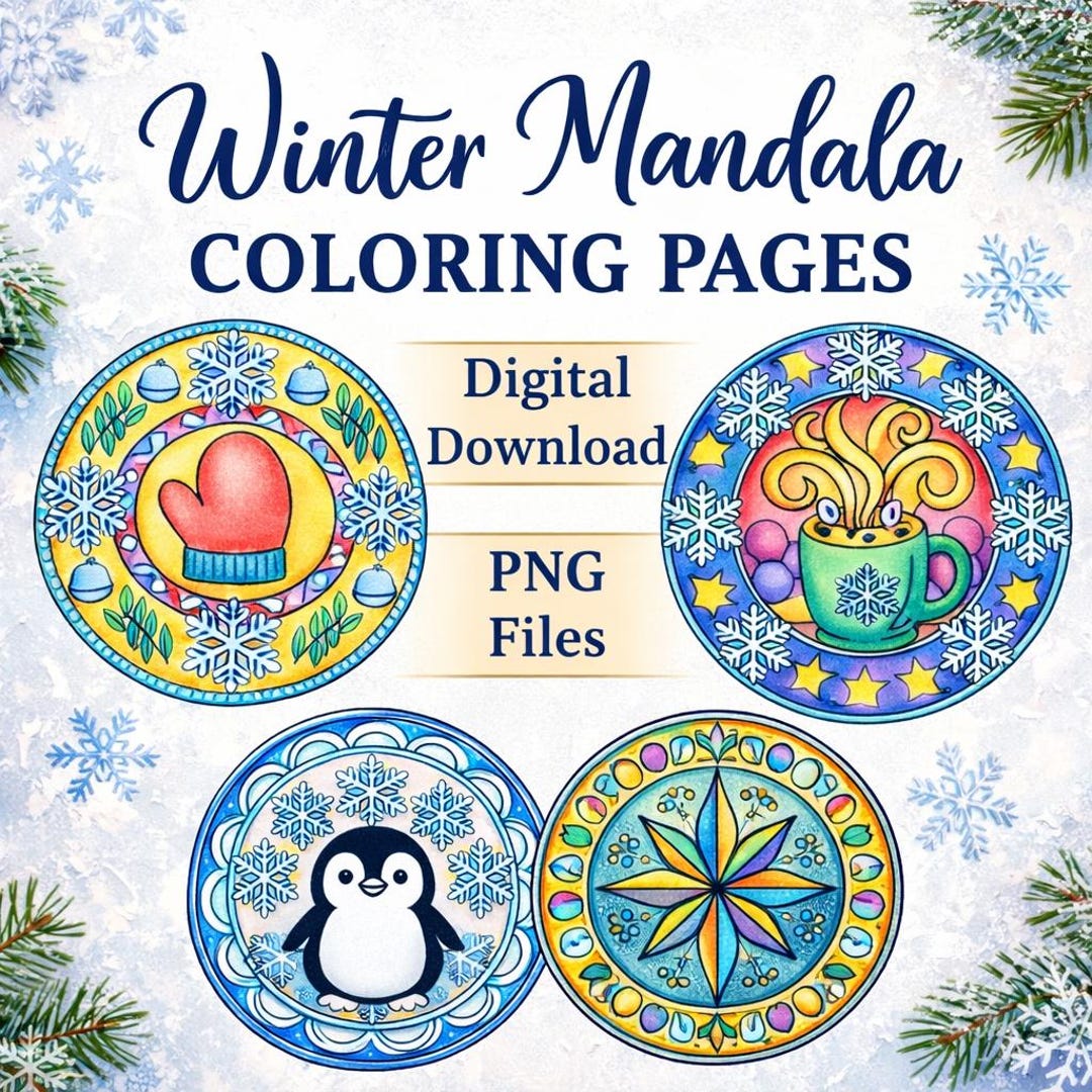 Snowflake Mandala Coloring Pages – 8 Winter Designs (PNG Digital ...