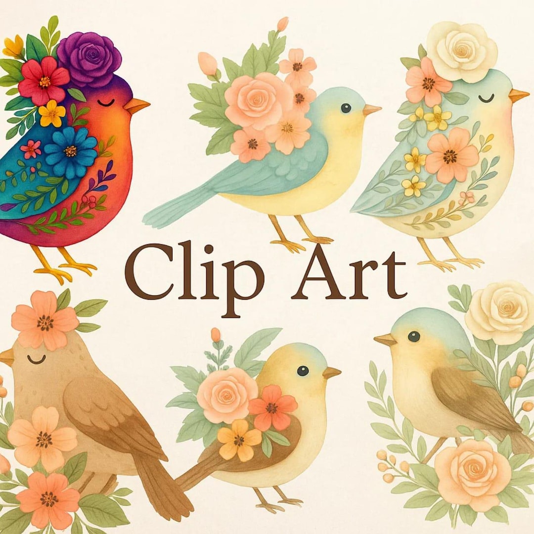 Watercolor Floral Bird Clip Art: Spring Botanical PNG Bundle (digital ...
