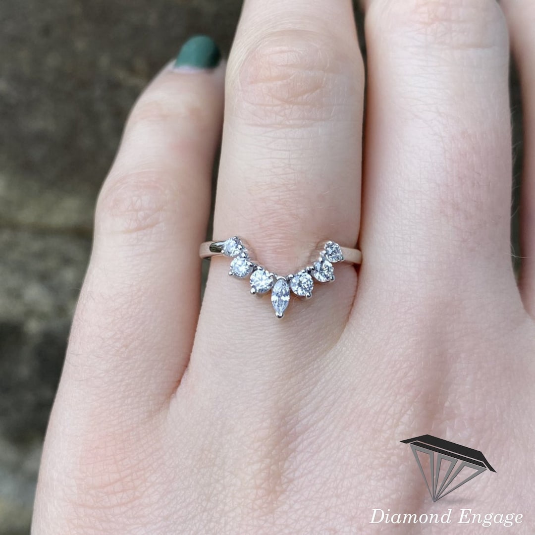 Curved Engagement Ring, Curved Wedding Ring, Marquise and Round Band ...