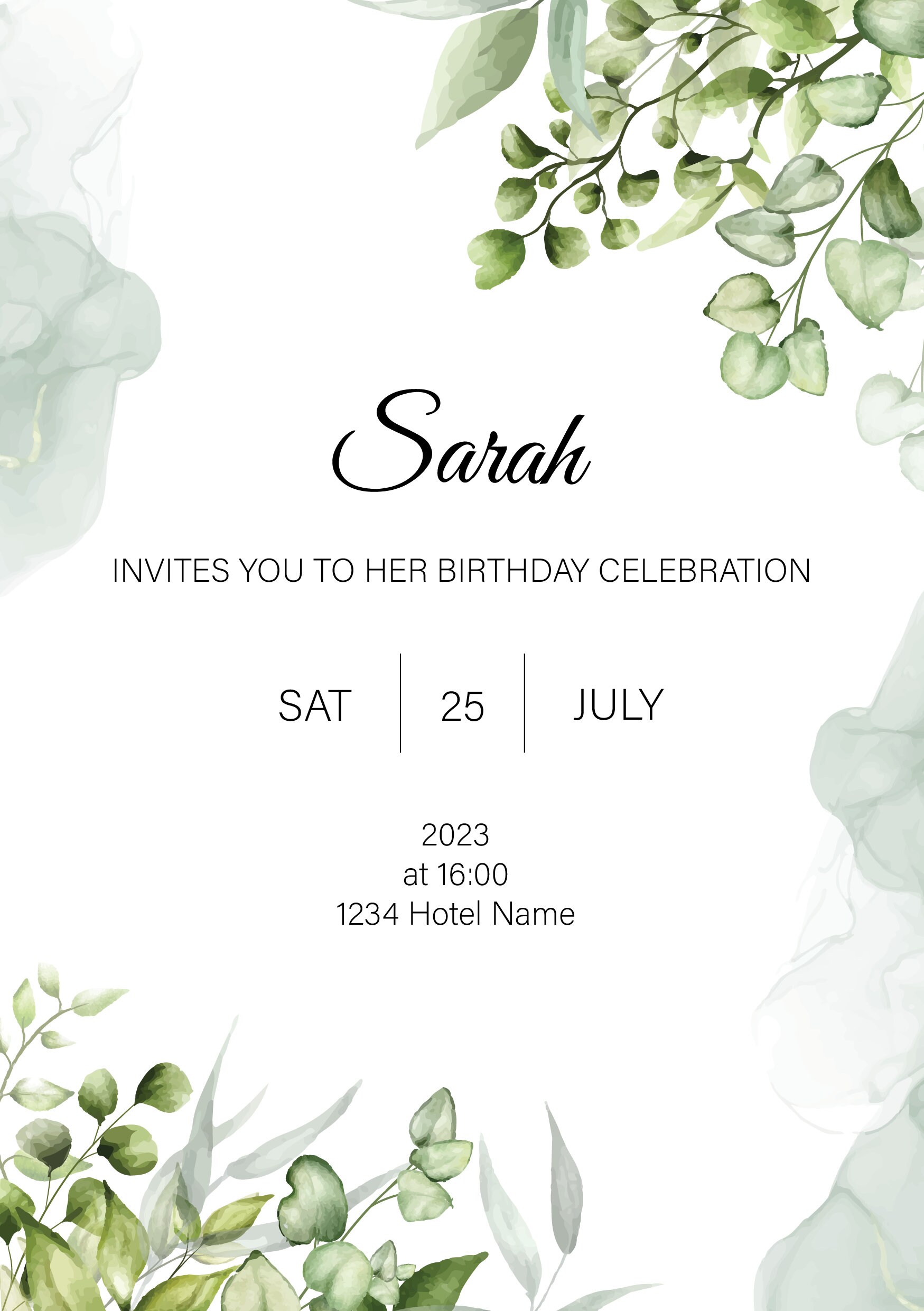 Botanical Green Leaves Floral Plant Birthday Invitation, Digital ...