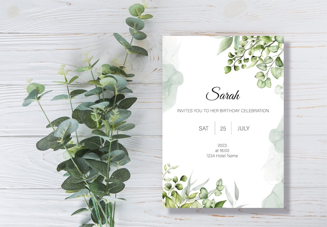 Botanical Green Leaves Floral Plant Birthday Invitation, Digital ...