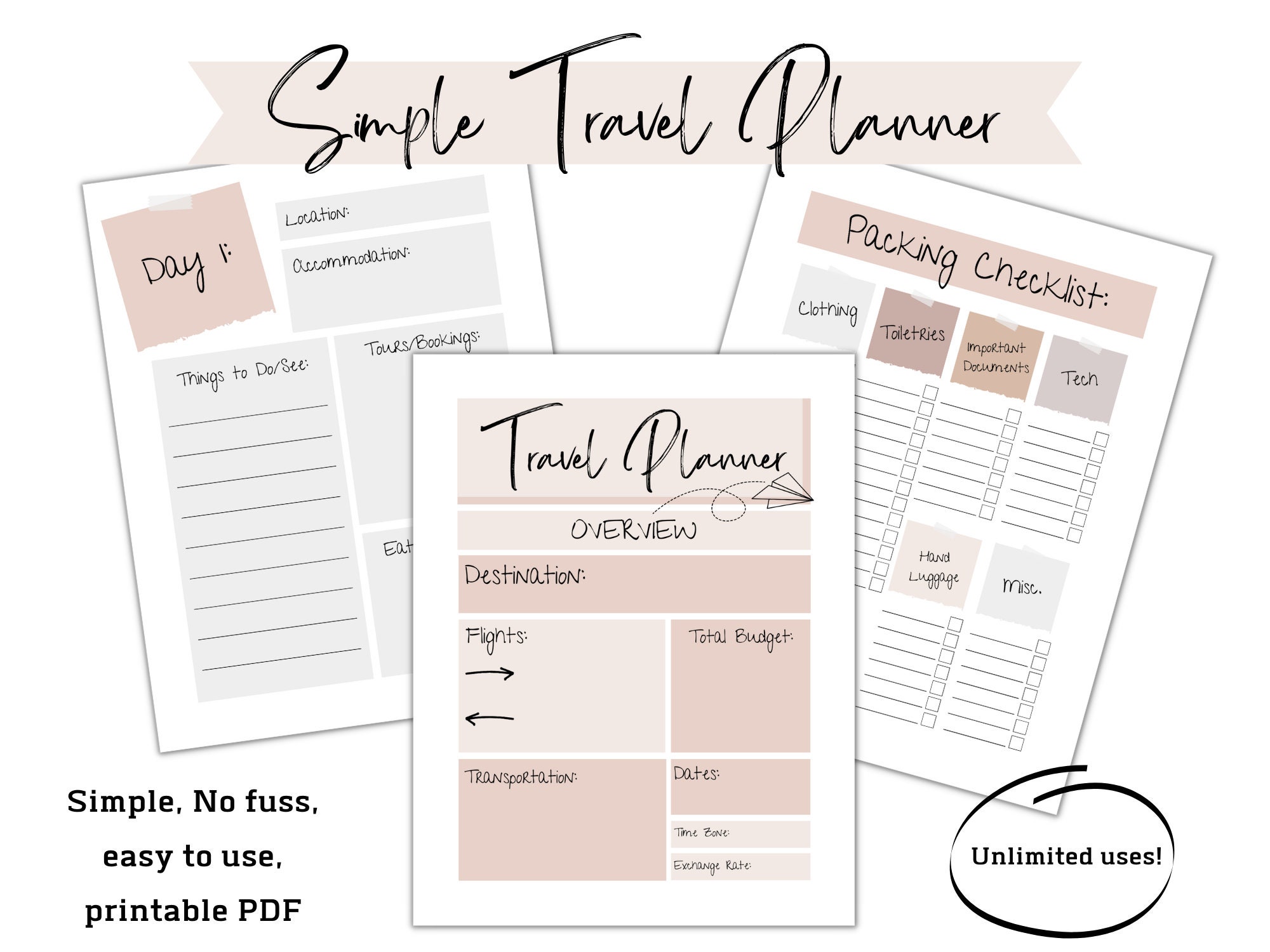 Printable PDF Travel Planner, Travel Itinerary, Travel Organizer ...