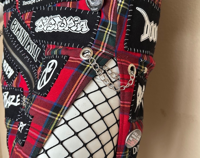 Red Plaid Punk Skirt - Medium Crust Punk Skirt With Punk Patches, Studs ...