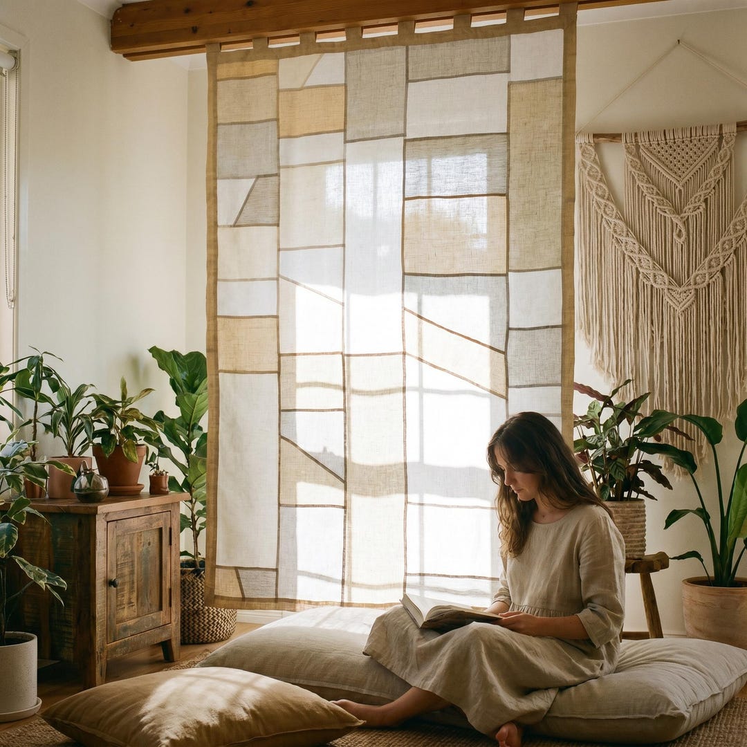Upcycled Linen Patchwork Curtain | Korean Bojagi | Handmade by Rural ...