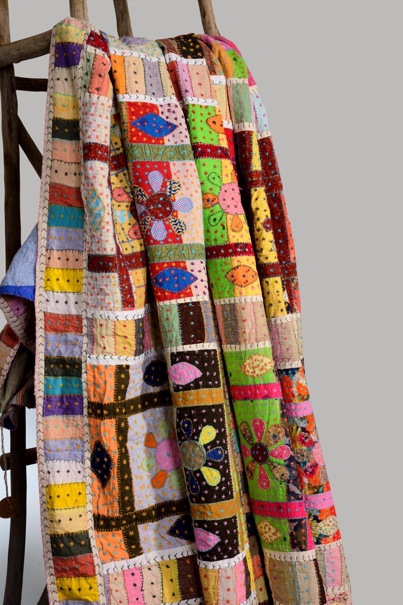 Hand-embroidered Patchwork Linen Quilt: Reversible Kantha Throw (90x108 ...