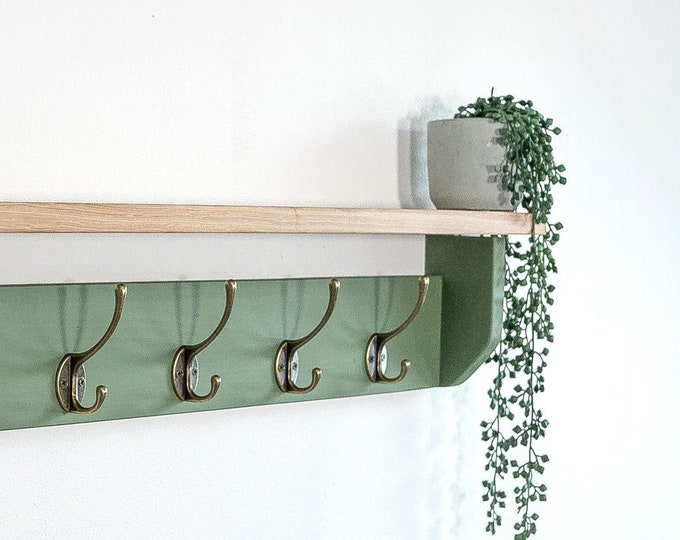GREEN COAT RACK With Shelf (dark Wax, 10cm Deep), Shelf With Hooks ...