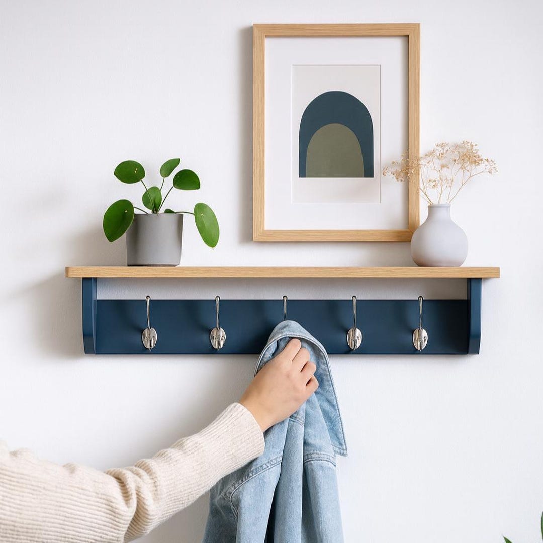 Navy Blue Coat Rack With Shelf | Handmade Wooden Wall Storage ...