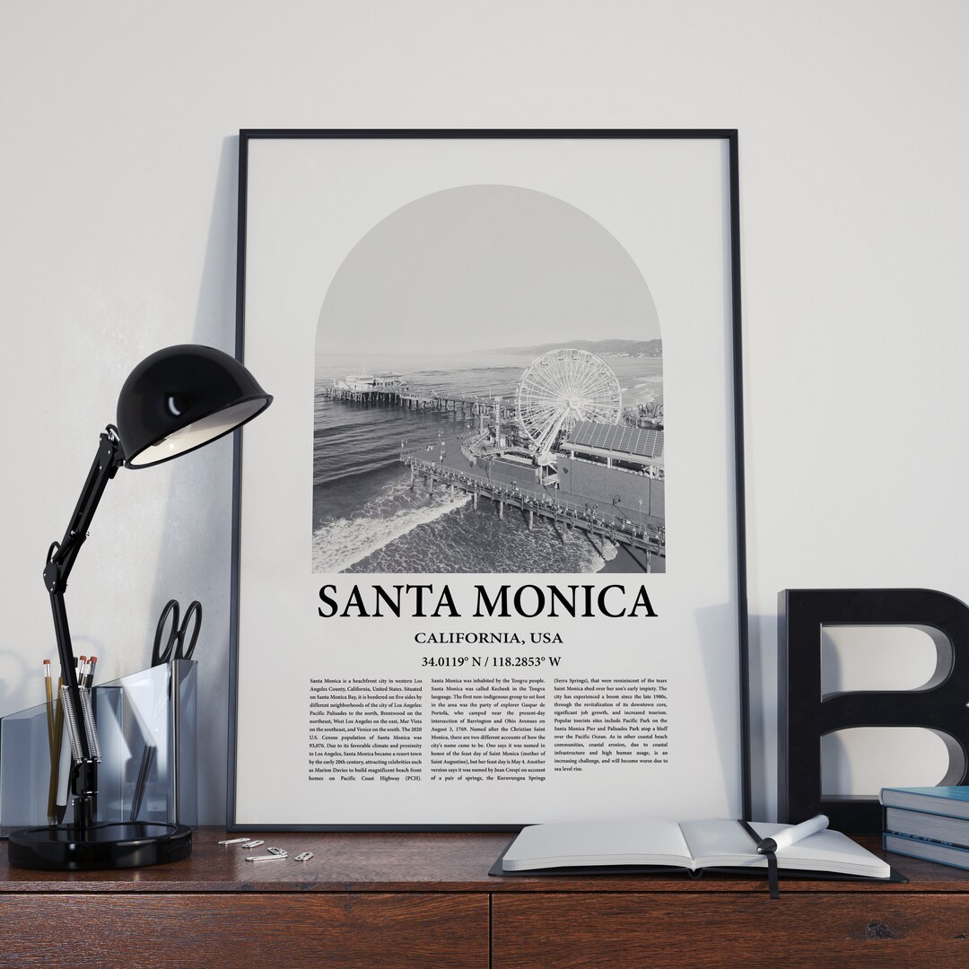 Santa Monica Poster Inspired Newspaper, Santa Monica Black and White ...