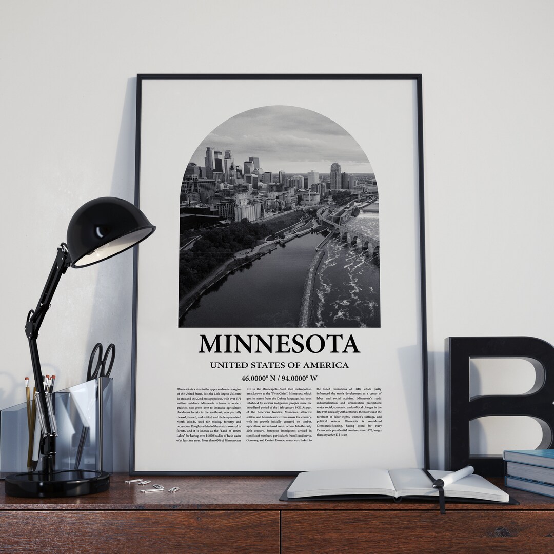 Minnesota Poster Inspired Newspaper, Minnesota Black and White Travel ...