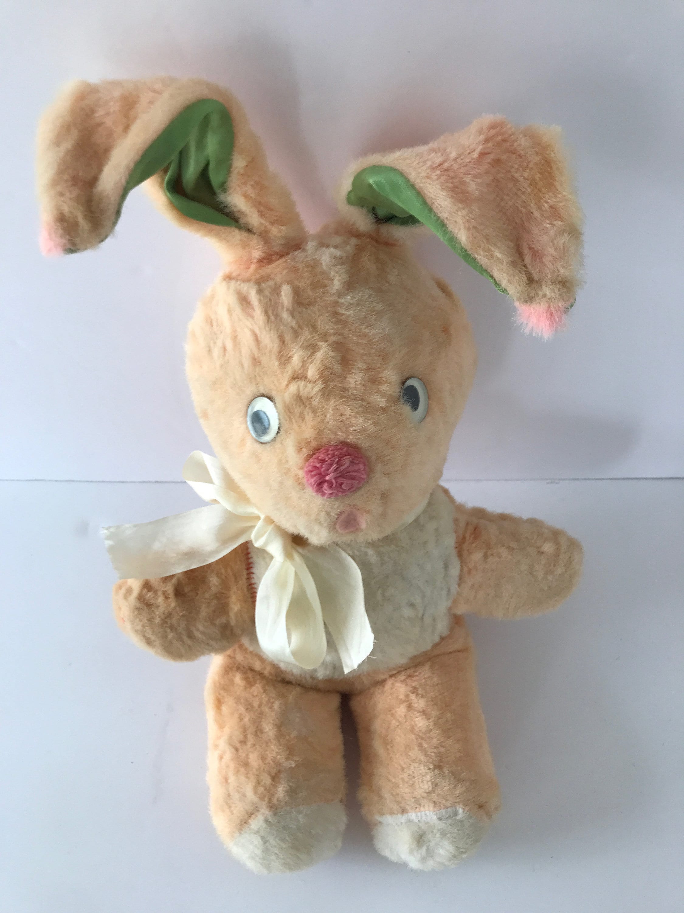 Vintage 1950s Baby BUNNY Rabbit Stuffed PINK Rayon PLUSH Green Satin ...