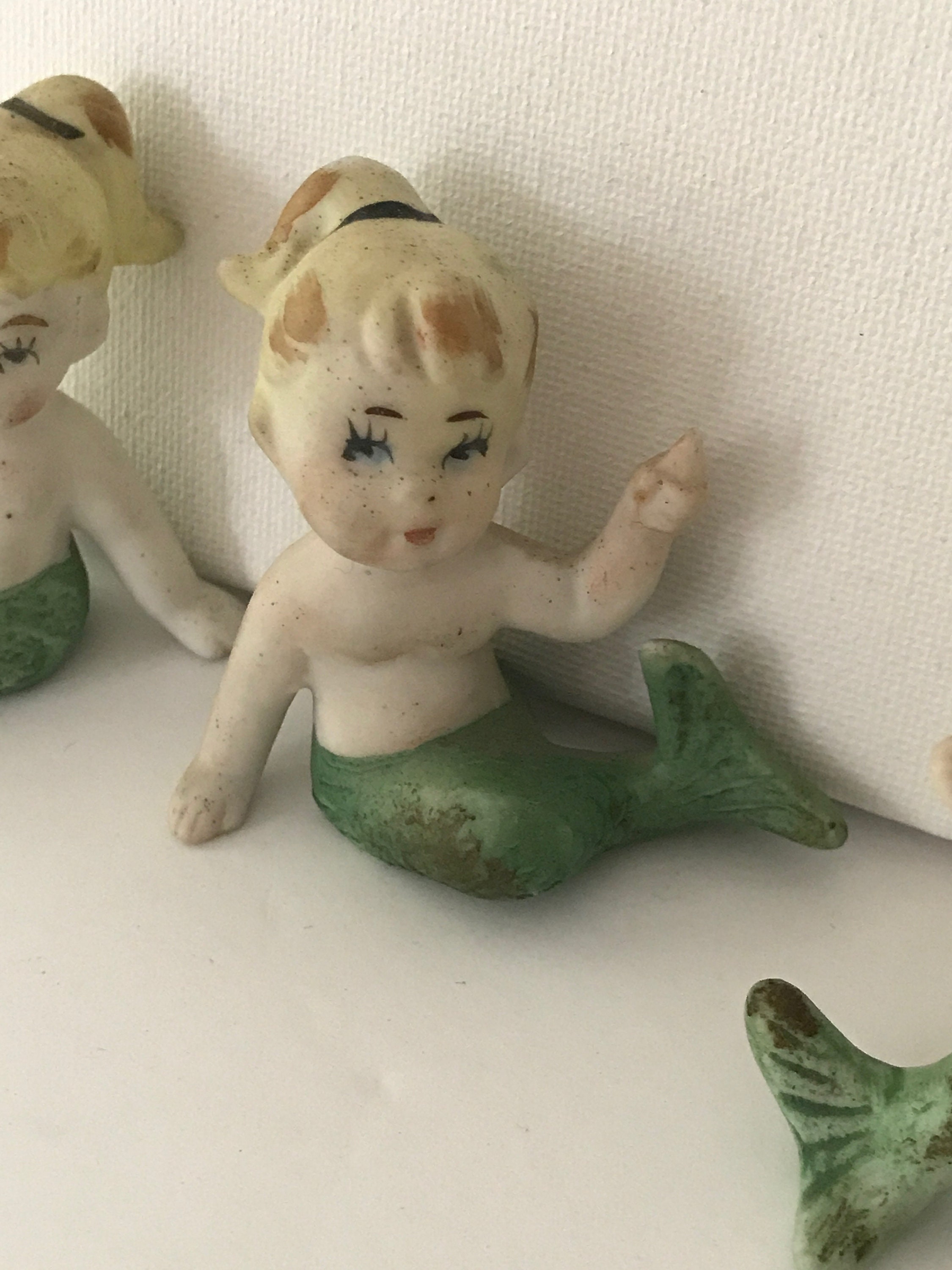 Vintage JAPAN 3 MERMAIDS With PONYTAILS 1950s Ceramic Bisque Porcelain ...