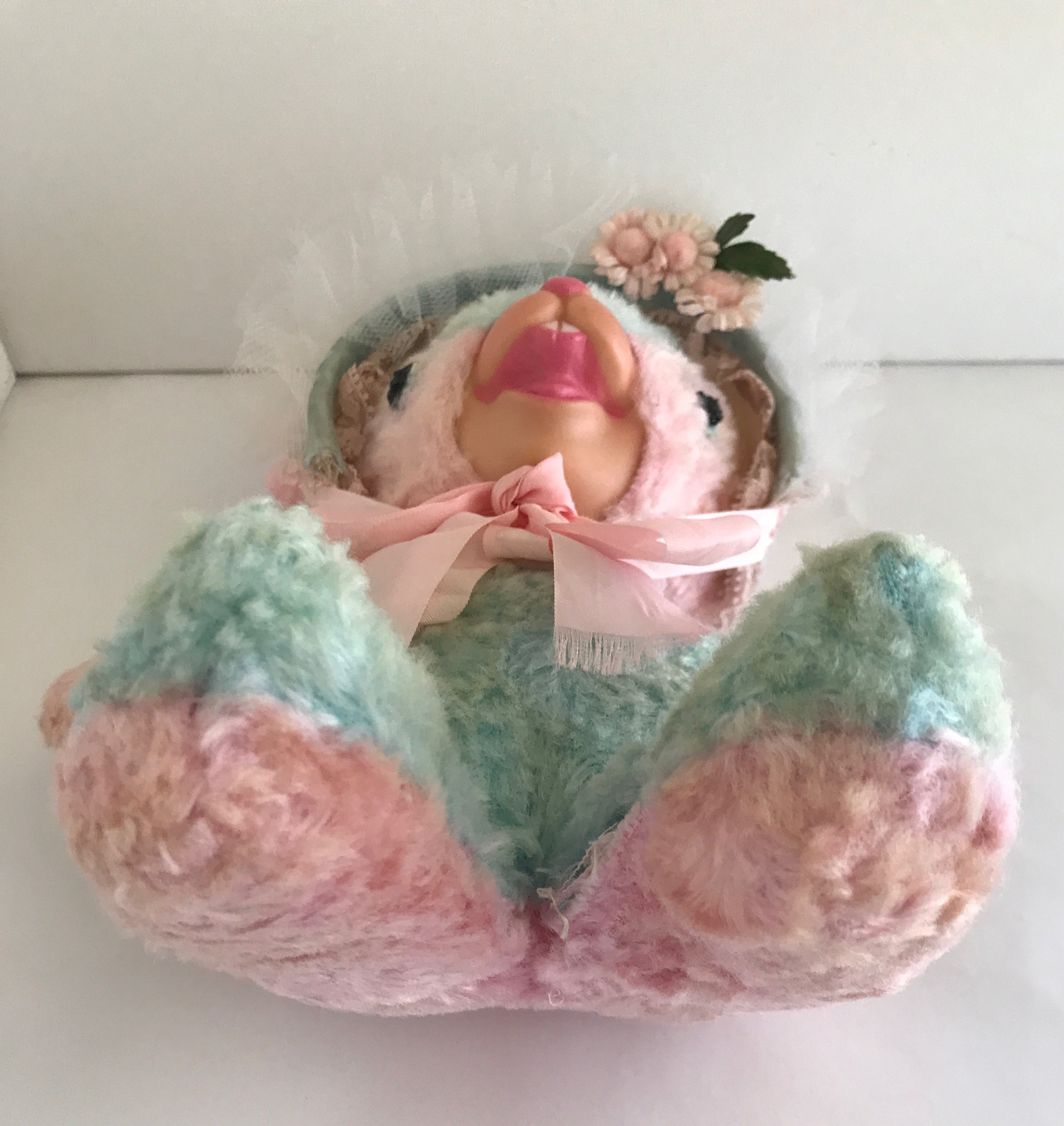 Vintage 1950s Bunny Rabbit Stuffed PINK and Aqua Blue Rayon PLUSH W ...