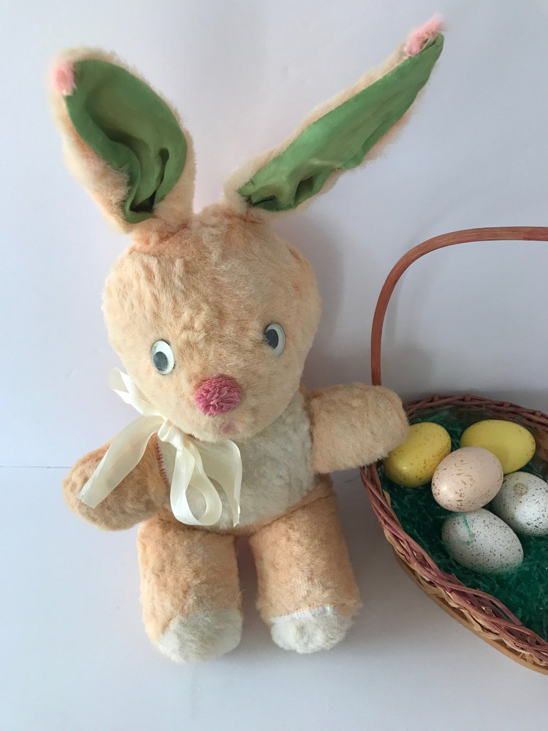 Vintage 1950s Baby BUNNY Rabbit Stuffed PINK Rayon PLUSH Green Satin ...