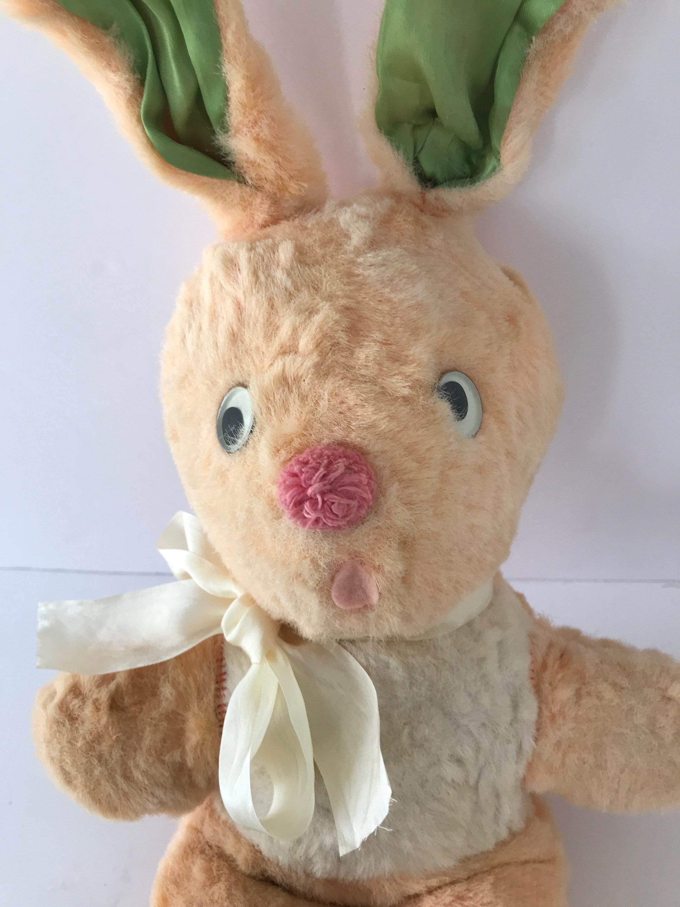 Vintage 1950s Baby BUNNY Rabbit Stuffed PINK Rayon PLUSH Green Satin ...