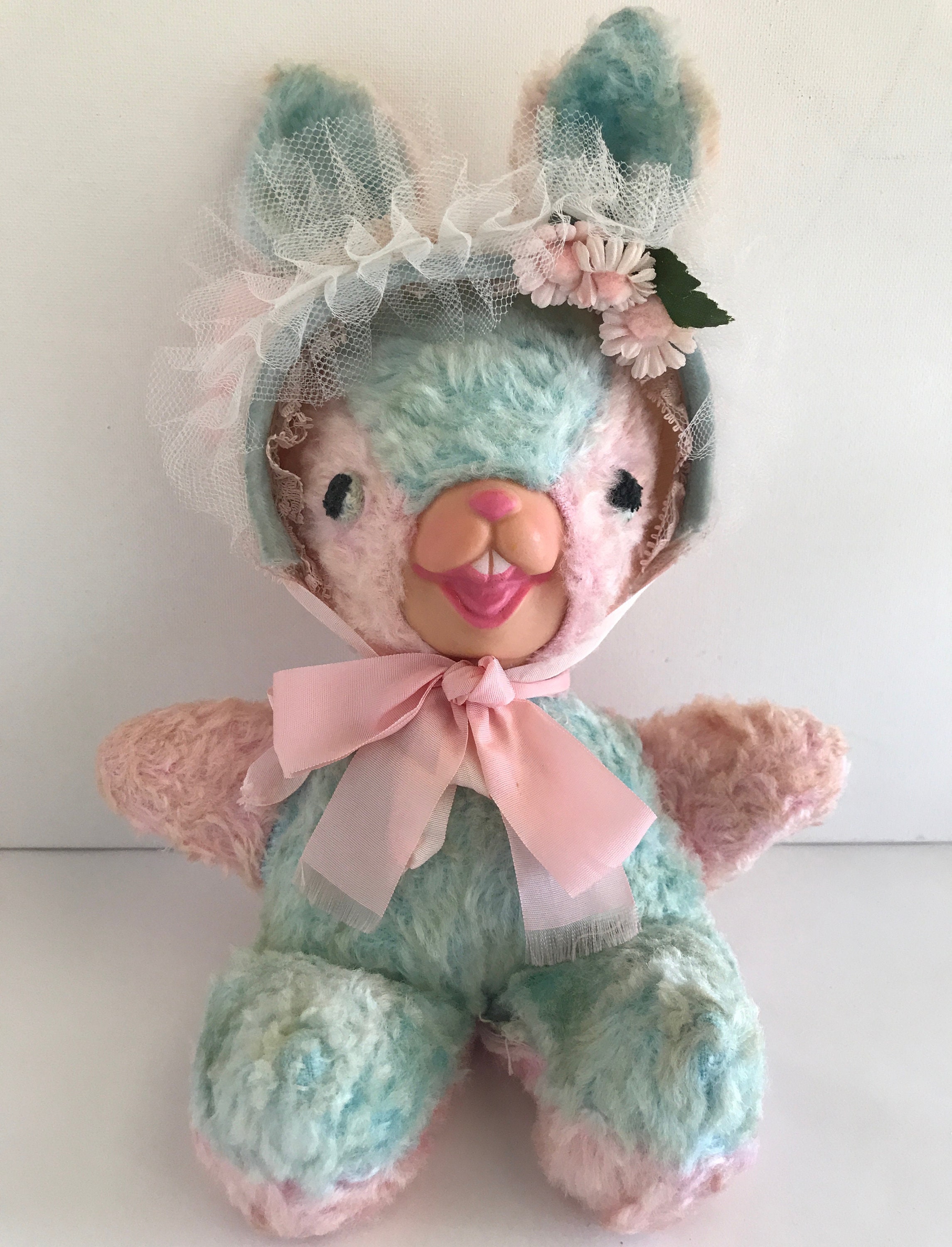 Vintage 1950s Bunny Rabbit Stuffed PINK and Aqua Blue Rayon PLUSH W ...
