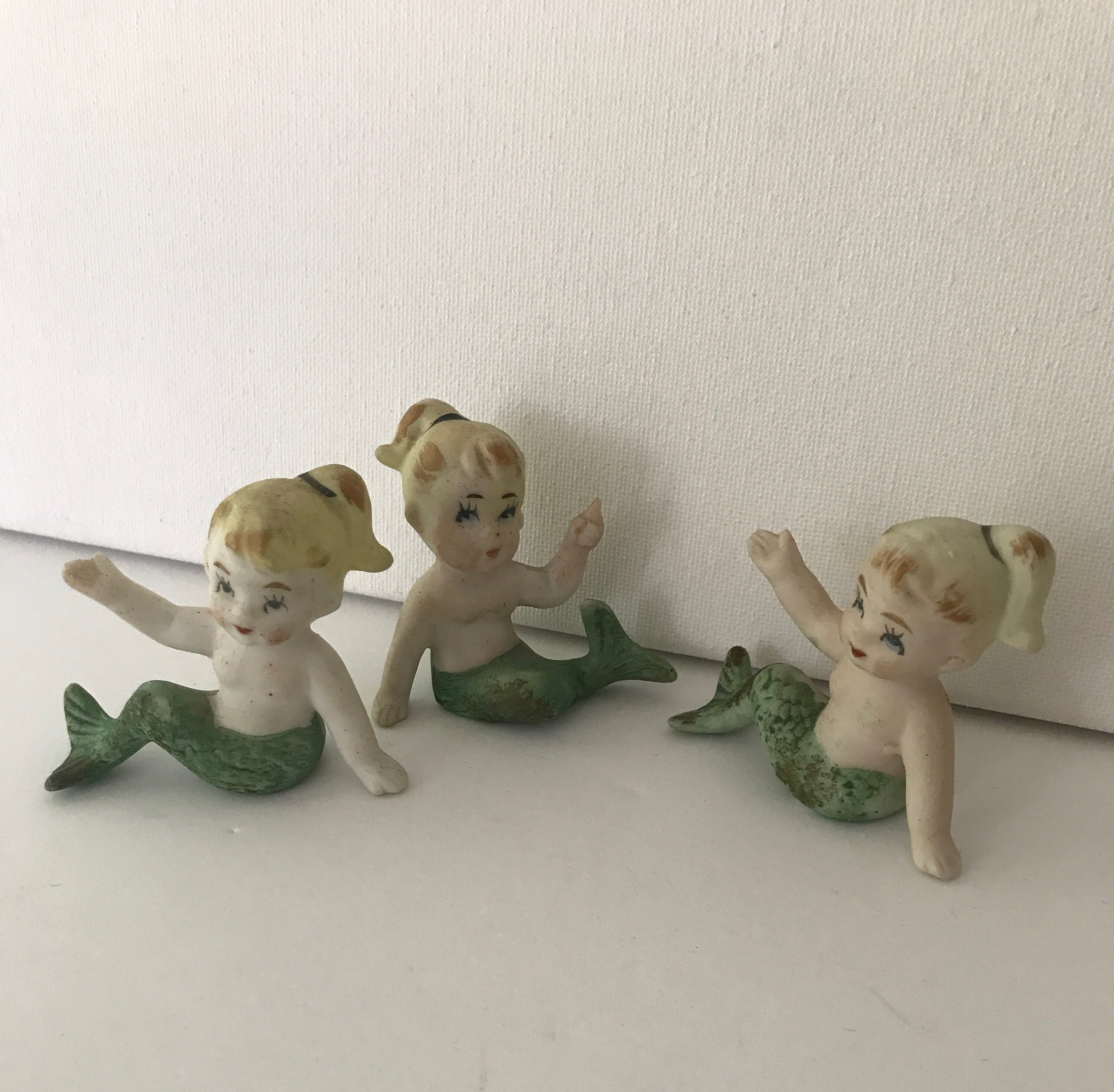 Vintage JAPAN 3 MERMAIDS With PONYTAILS 1950s Ceramic Bisque Porcelain ...