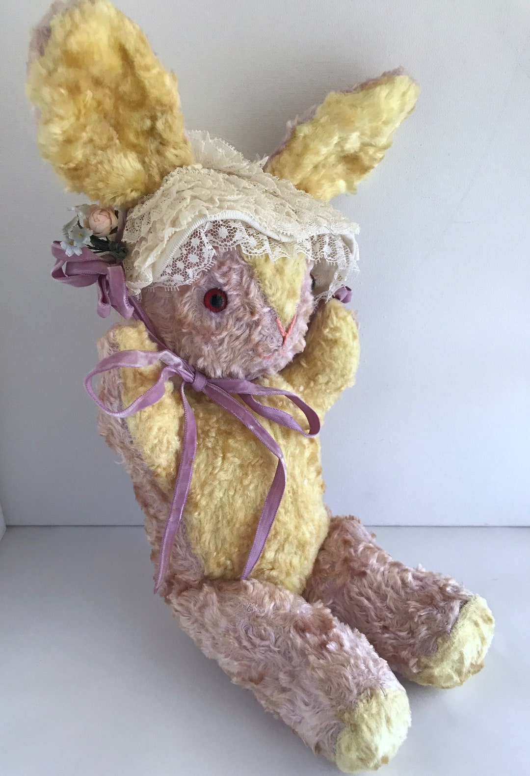 Vintage 1950s Bunny Rabbit Stuffed Pastel Violet and Yellow Rayon PLUSH ...