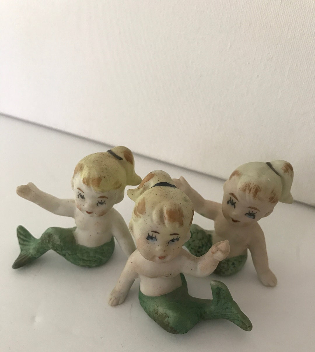 Vintage JAPAN 3 MERMAIDS With PONYTAILS 1950s Ceramic Bisque Porcelain ...