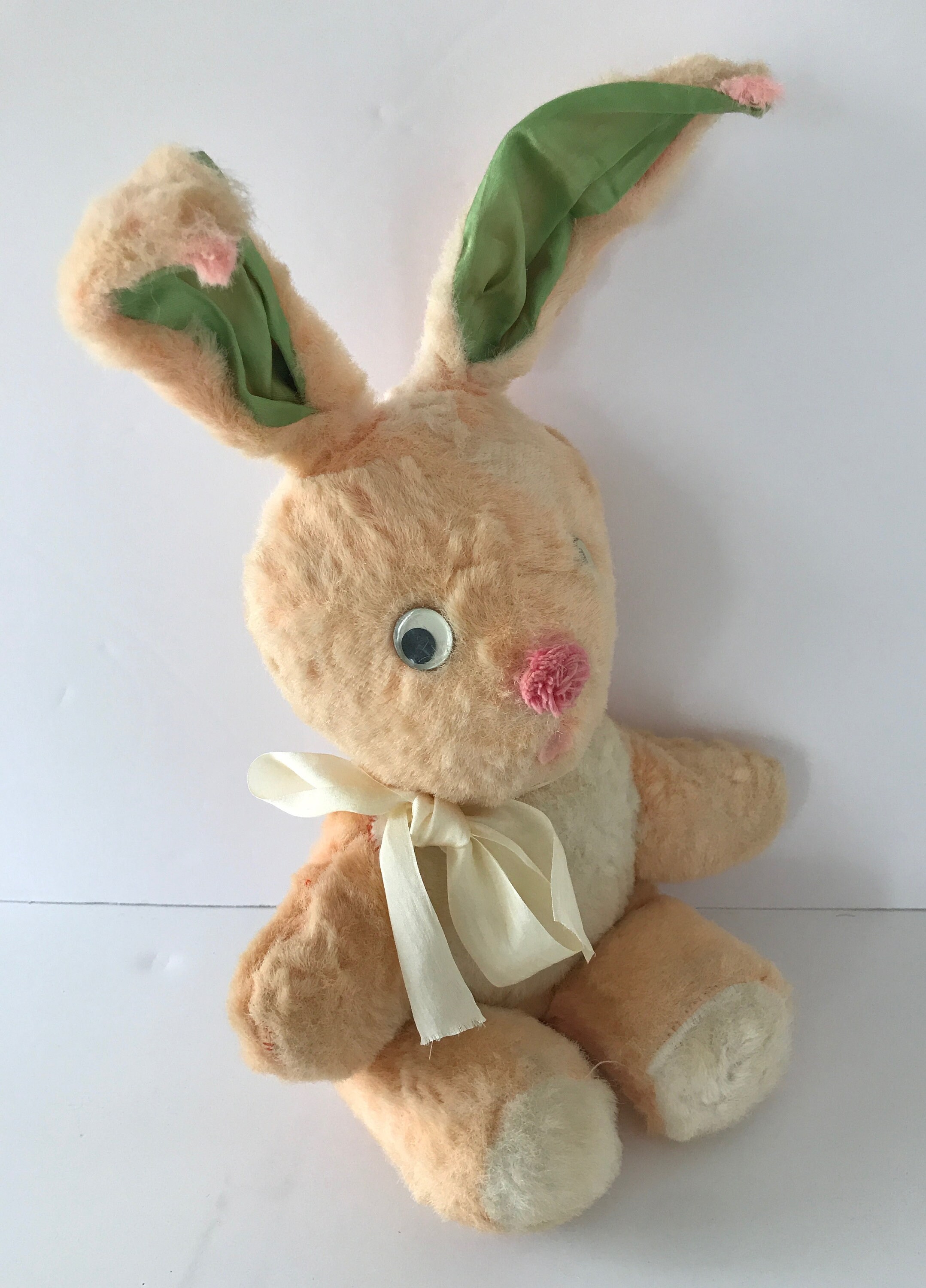 Vintage 1950s Baby BUNNY Rabbit Stuffed PINK Rayon PLUSH Green Satin ...