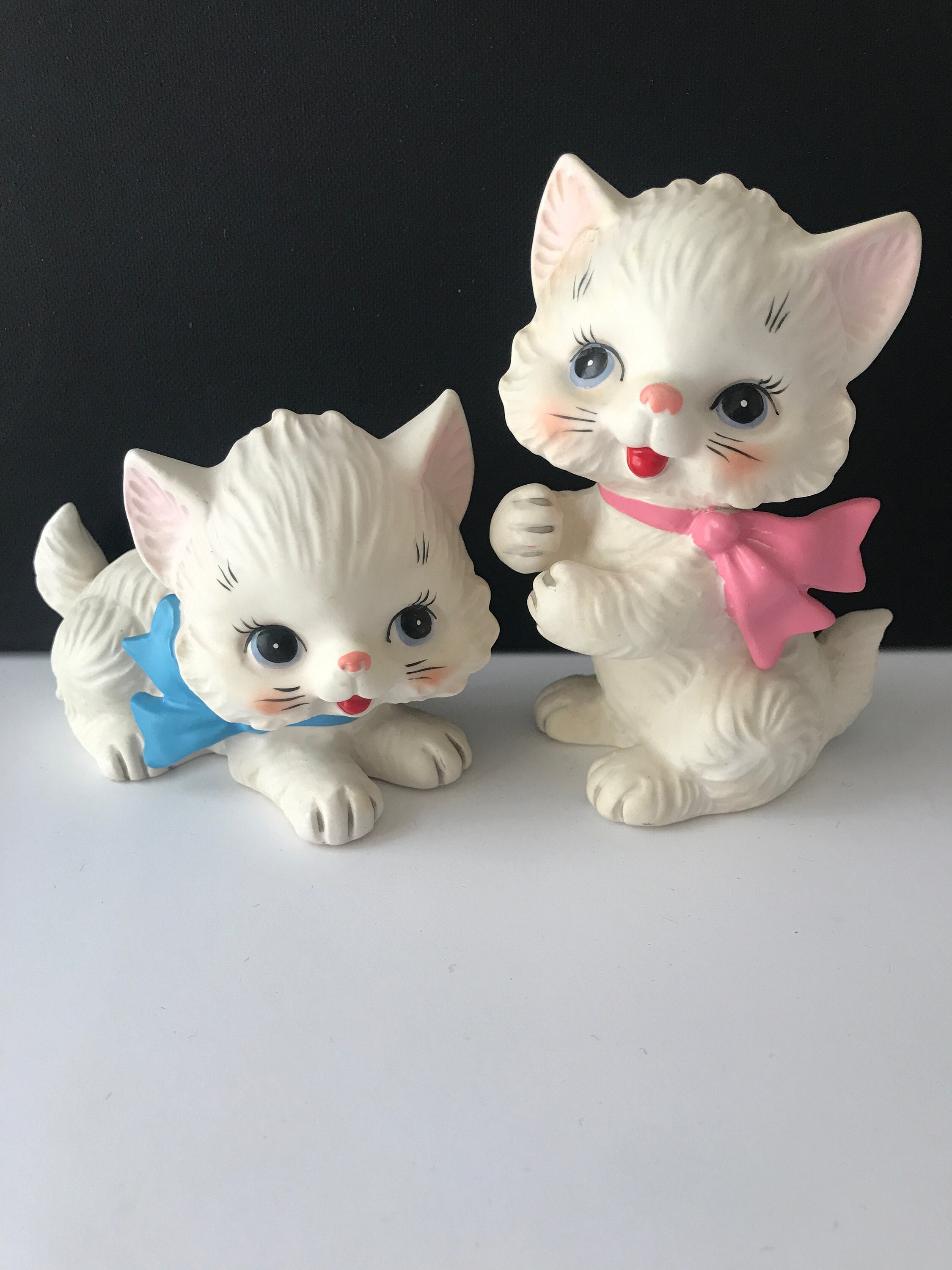 Vintage Japan KITTY Cat KITTENS Pair Porcelain Ceramic Kawaii Baby Face ...