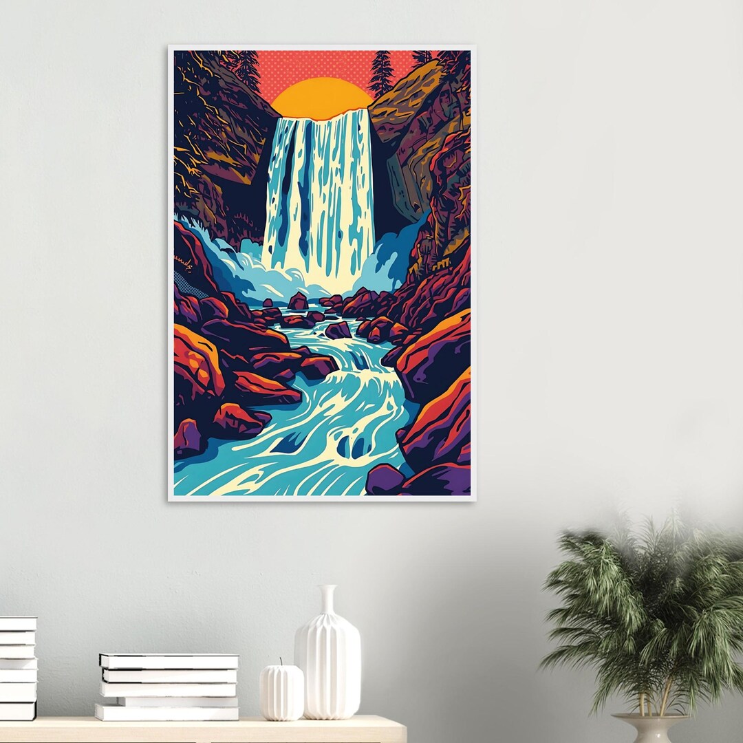Bold Retro Waterfall Wall Art - Framed Poster With Vibrant Sunset ...