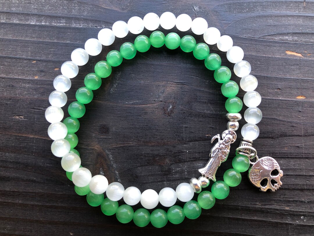 Santa Muerte Green and White Talisman Wrap Bracelet 7.5 Wrist healing ...
