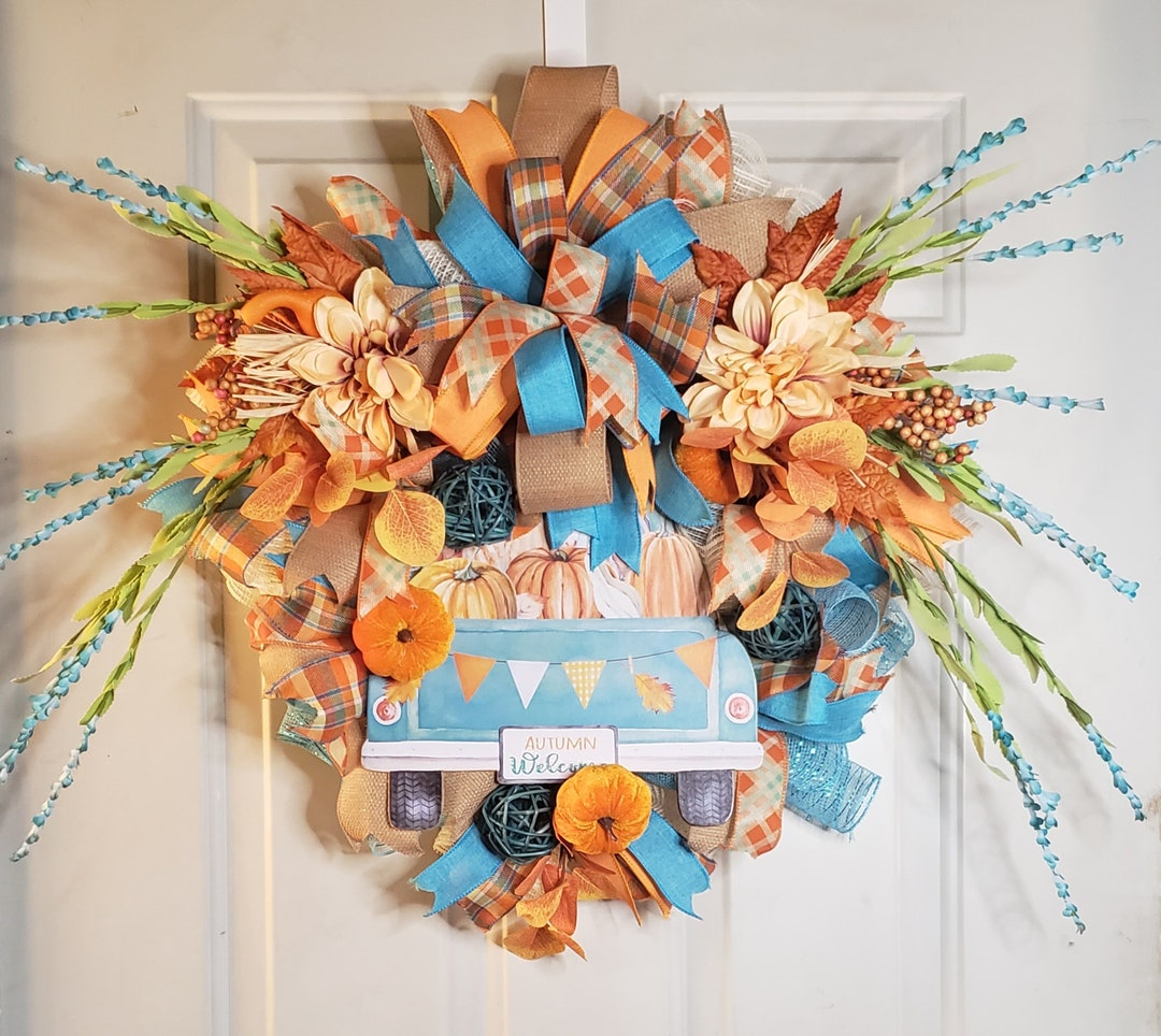 Teal Autumn Wreath, Fall Colors Welcome Wreath - Etsy