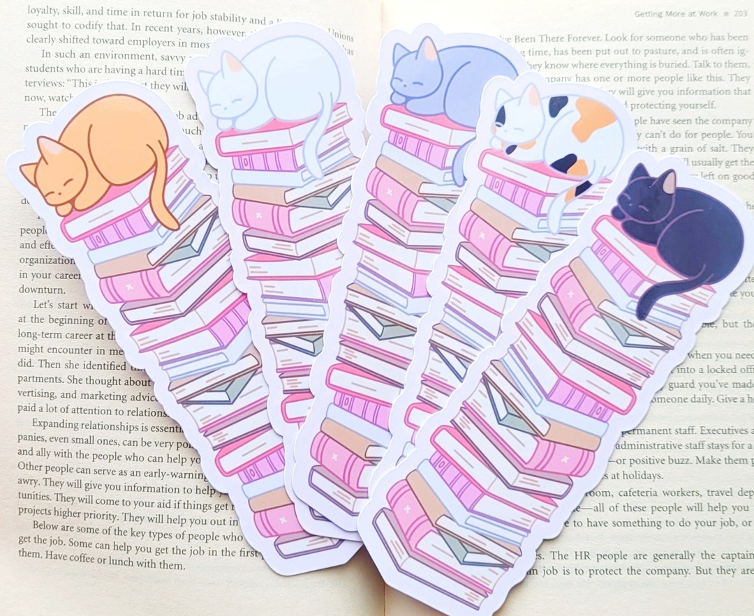 Pink Cat Book Stack Bookmark: Laminated Cardstock - Etsy