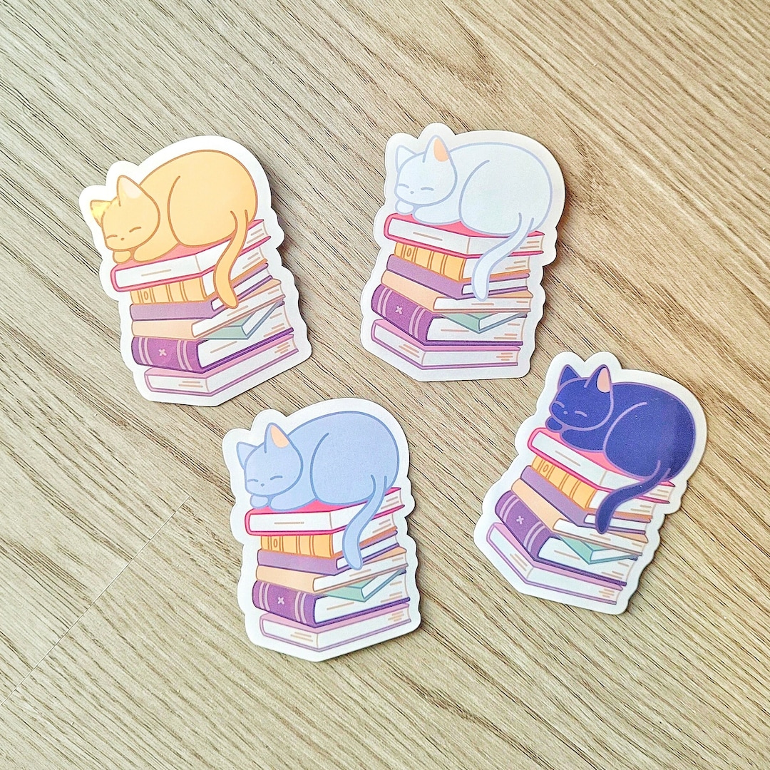 Sleeping Cat Book Stack Sticker: Cozy Book Lover Gift - Etsy