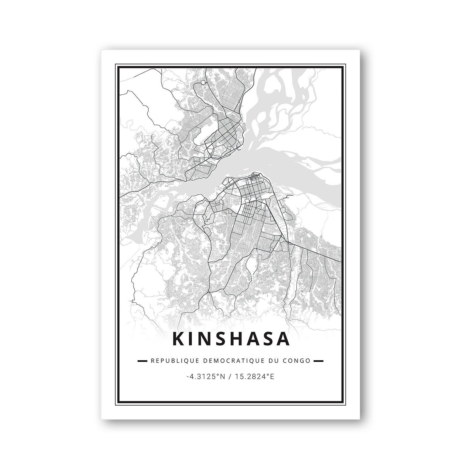 Affiche street map de Kinshasa, RDC, République Démocratique Du Congo ...