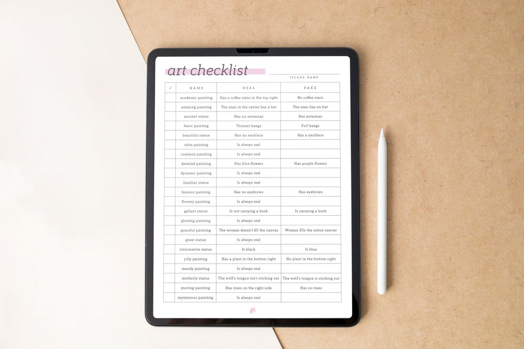 Minimalist ACNH Art Checklist Guide to Fakes Modern Printable Animal ...