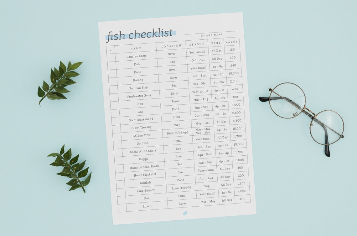 Minimalist ACNH Fish Checklist Catch Guide Modern Printable Animal ...