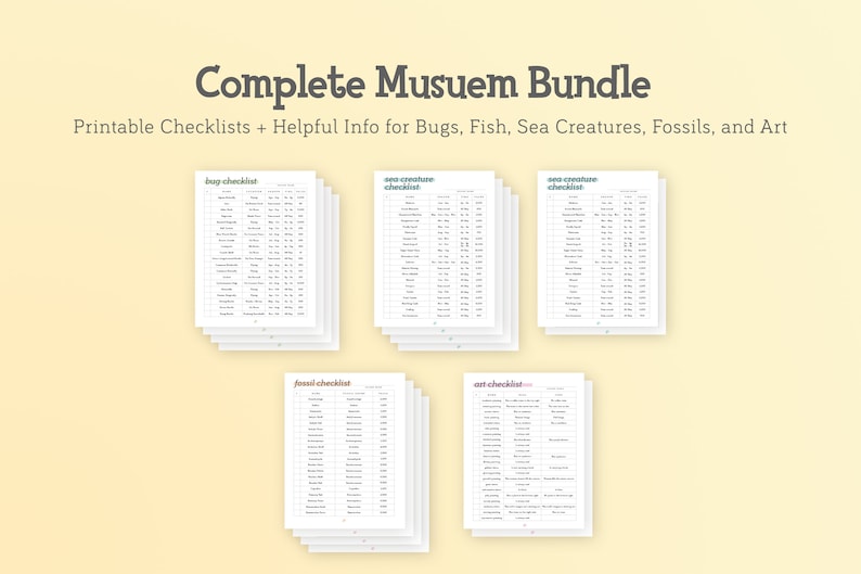 Minimalist ACNH Complete Museum Checklist Bundle | Printable Bug, Fish ...