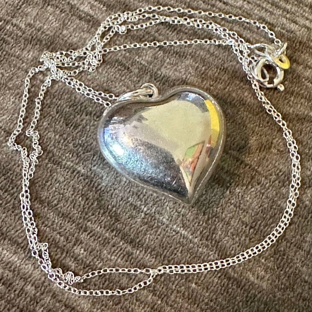 Puffed Heart Necklace, Heart Pendant Necklace Sterling Silver, Heart ...