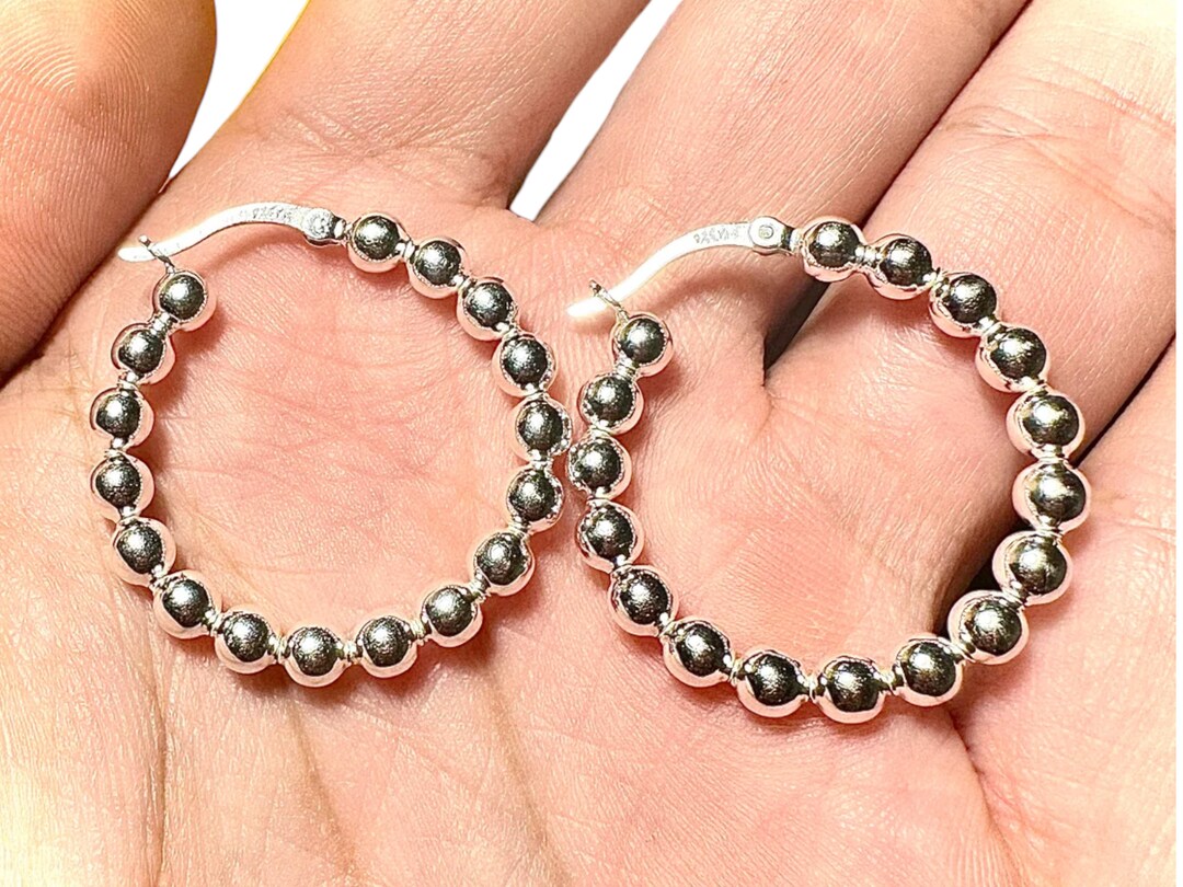 Beaded Hoops Earrings, 30MM Bead Ball Earrings, 925 Sterling Silver ...
