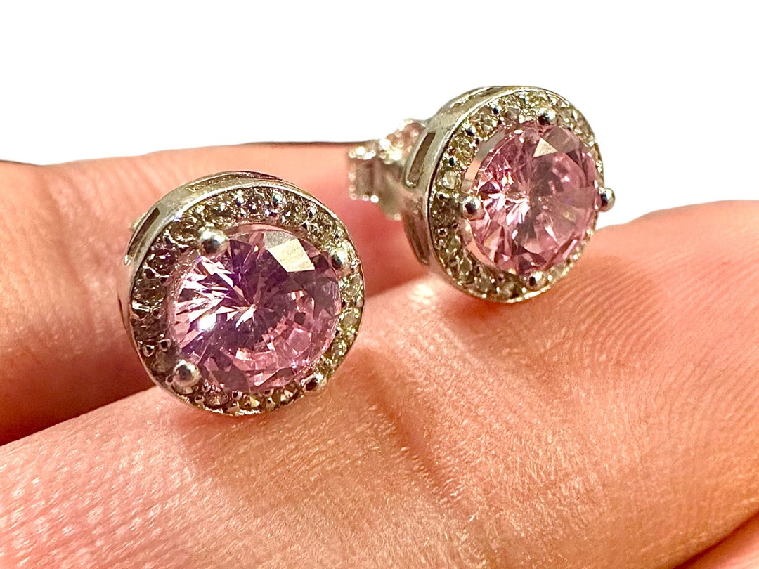 Pink CZ Earrings Stud, 9MM Stud Earrings for Women Sterling Silver 925 ...