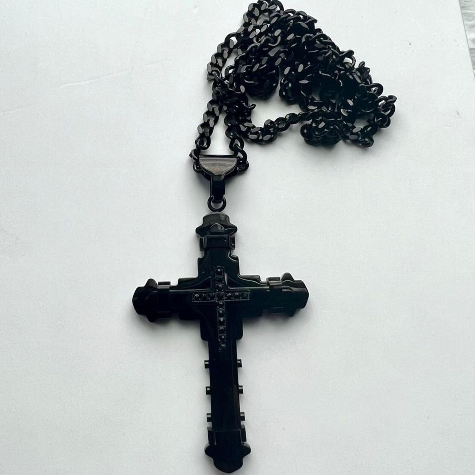 Men’s Cross Necklace Cuban Chain 24" | Black CZ Pendant Necklace for ...