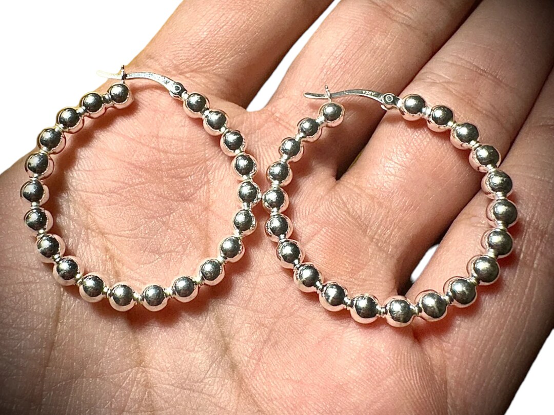 925 Sterling Silver Beaded Earrings, 35mm Beaded Hoops Earrings, Bead ...