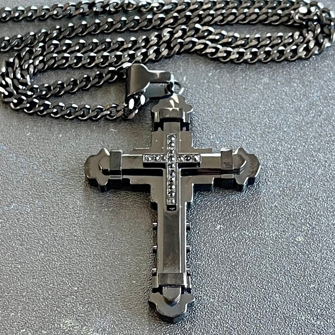 Men’s Cross Necklace Cuban Chain 24" | Black CZ Pendant Necklace for ...