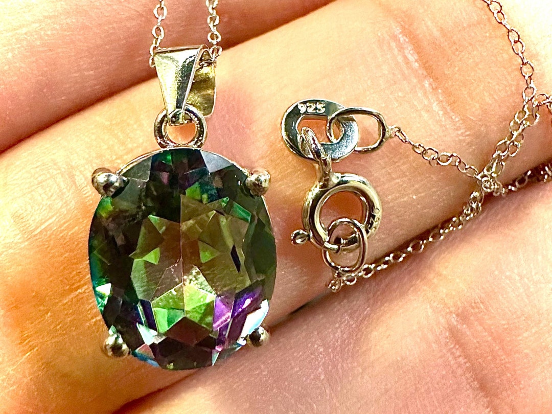 Mystic Topaz Necklace 925 Sterling Silver – Oval Rainbow Gemstone ...